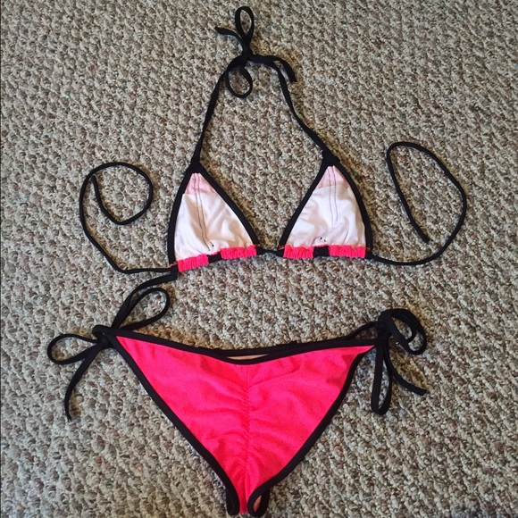 Swim | Hot Pink And Black Lace String Bikini | Poshmark