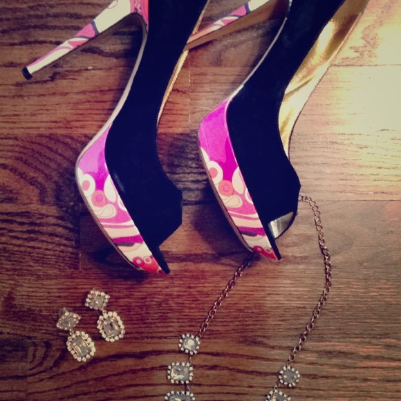 Emilio Pucci | Shoes | Emilio Pucci Black Suede Print Peep Toe Pumps ...