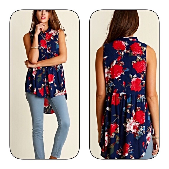 Tops | Deep Blue Floral Hi Lo Tunic Top 34 Tonight | Poshmark