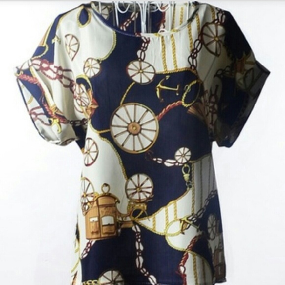 Tops | Nwt Navy White And Gold Carriage Top | Poshmark