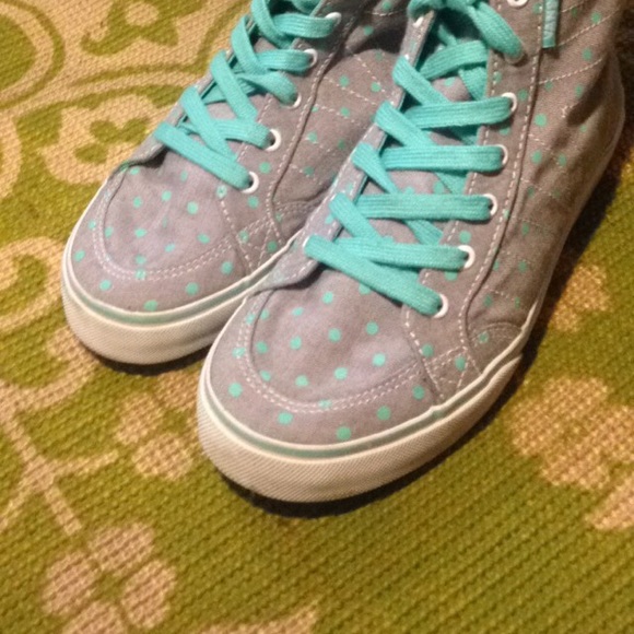 Vans | Shoes | Gray Turquoise Polkadotted High Top Vans | Poshmark