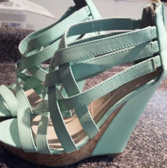 Shoes | Mint Green Beautiful Wood Plated Wedges | Poshmark