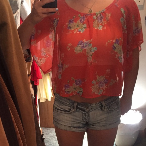 Forever 21 | Tops | Sheer Flowy Orange Forever 2 Flowered Crop Top ...
