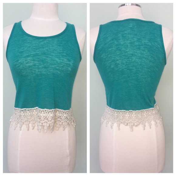 Tops | Teal Crop Top With Lace | Poshmark