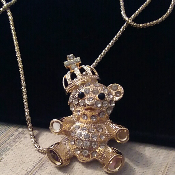 Jewelry | Rhinestone Bear With Crown Pendant Necklace Gold | Poshmark