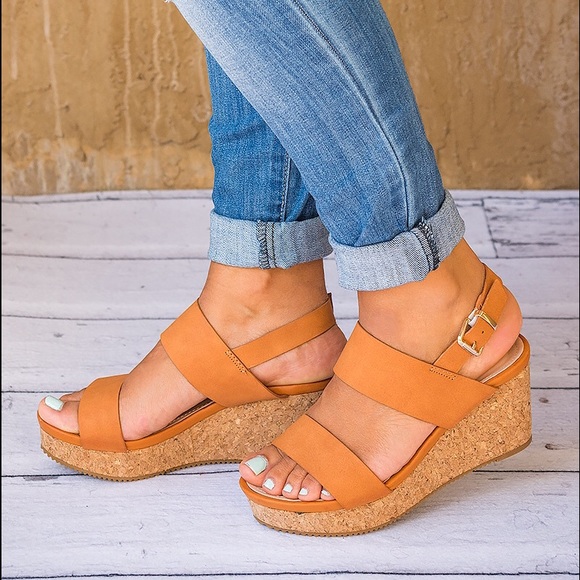 SunnyMia | Shoes | Sale Double Strap Tan Wedge Sandalsariel | Poshmark