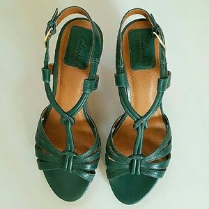 Clarks | Shoes | Clarks Teal Cork Wedge Peep Toe Pump Sandals | Poshmark
