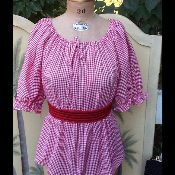 Vintage | Tops | Vtg Red White Check Peasant Top | Poshmark
