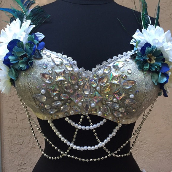 Intimates & Sleepwear | Peacock Silver Glitter Rhinestone Rave Bra 36d ...