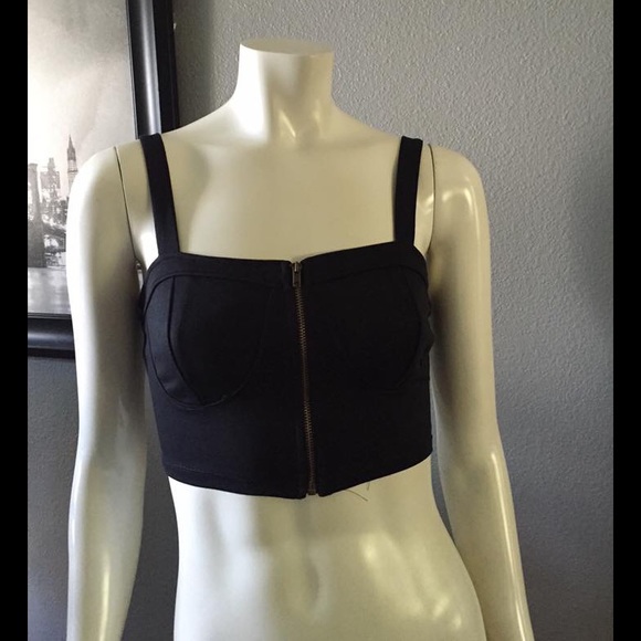 Tops | Black Crop Top With Zipper And Elastic Caged Back | Poshmark