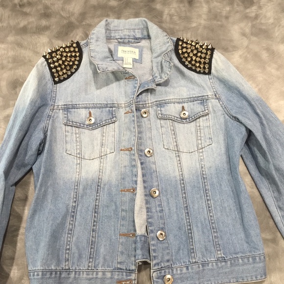 Jackets & Coats | Forver21 Denim Jacket With Spikes Shoulder Details ...