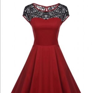 Fox&Lace | Dresses | Red Midi Full Dress With Black Lace Neckline ...