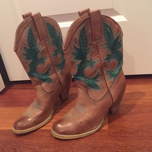 Brown And Teal Cowgirl Boots $75 Or Bo! - Gem