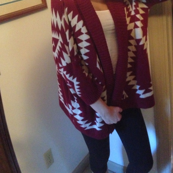Tops | Deep Red And Cream Aztec Cardigan | Poshmark