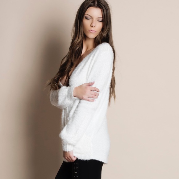 Bare Anthology | Sweaters | Hrsale Deep Plunge Faux Wrap Fuzzy Sweater ...