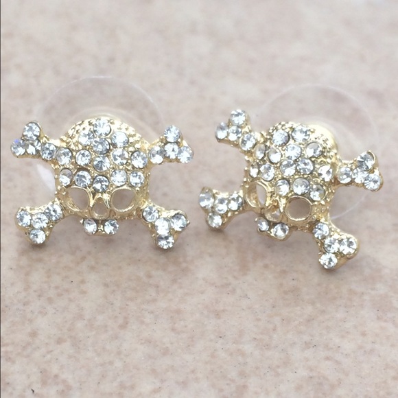 Jewelry | Gold Tone Crystal Open Skull Skeleton Stud Earring | Poshmark