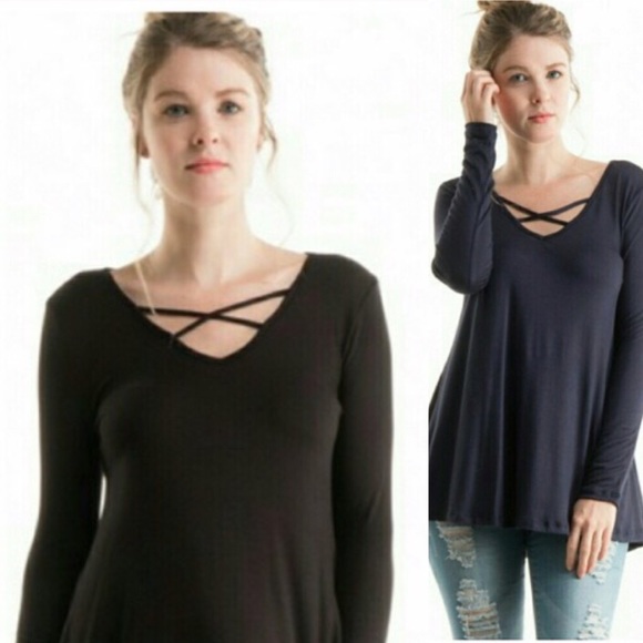 Fashionomics | Tops | Criss Cross Long Sleeve Pico Style Dark Navy Blue ...