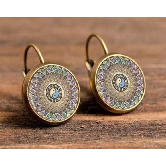Boutique | Jewelry | Yin Yang Cream Mandala Glass Bronze Earrings ...