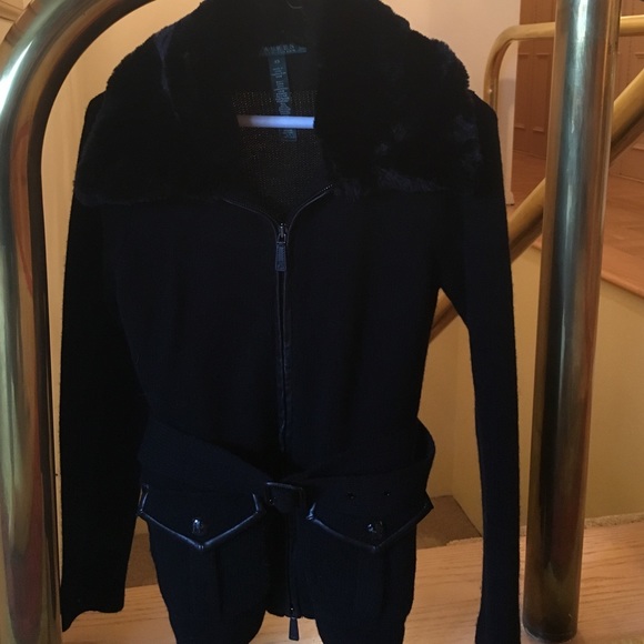 Rl Sweater Zip Up With Belt & Faux Fur Collar. - Gem