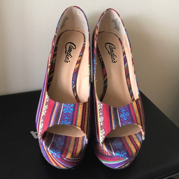 Candie's | Shoes | Candies Peeptoe Platform Wedge Textile Design | Poshmark