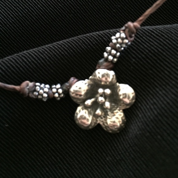 925 Silver Flower Design Artist Design/Brown Cord - Gem