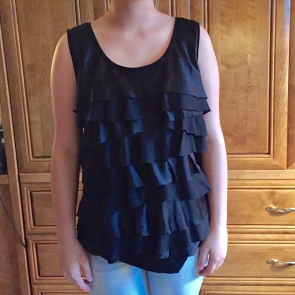 LOFT | Tops | Black Satin Ruffle Tank Top | Poshmark