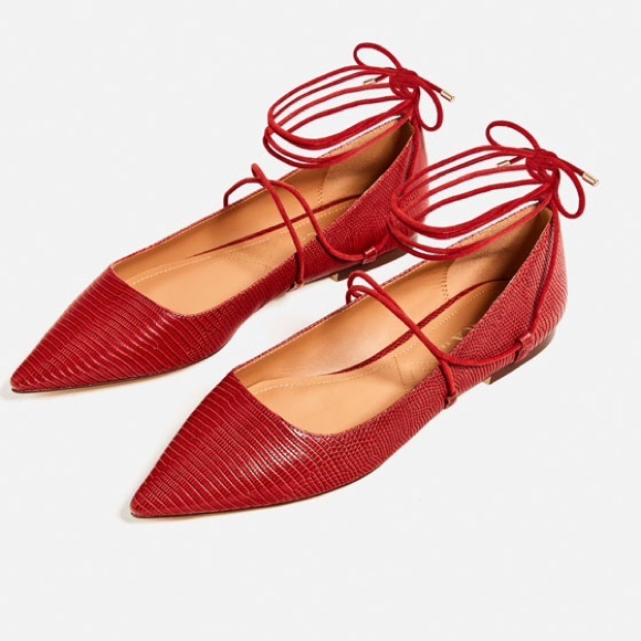Zara | Shoes | Zara Red Embossed Lace Up Flats | Poshmark