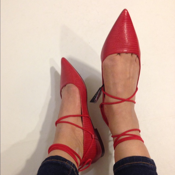 Zara | Shoes | Zara Red Embossed Lace Up Flats | Poshmark