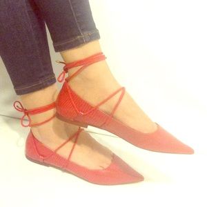 Zara | Shoes | Zara Red Embossed Lace Up Flats | Poshmark
