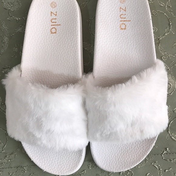 Shoes | White Fuzzy Slides Brand New | Poshmark