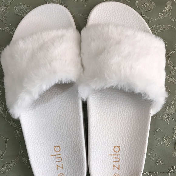 Shoes | White Fuzzy Slides Brand New | Poshmark