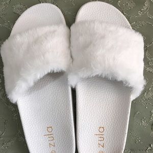 Shoes | White Fuzzy Slides Brand New | Poshmark