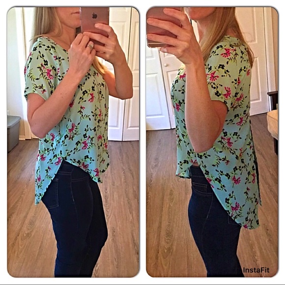 Tops | Mint Green Floral Split Back Blouse | Poshmark
