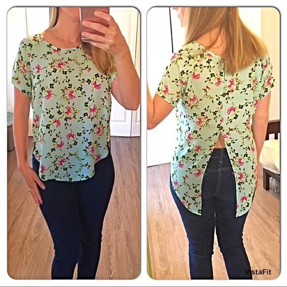 Tops | Mint Green Floral Split Back Blouse | Poshmark
