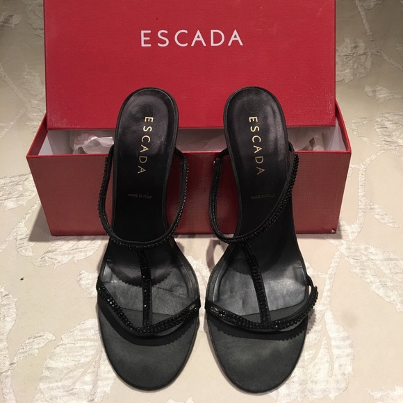 Escada | Shoes | Escada Black Strap Swarovski Crystal Satin Heels ...