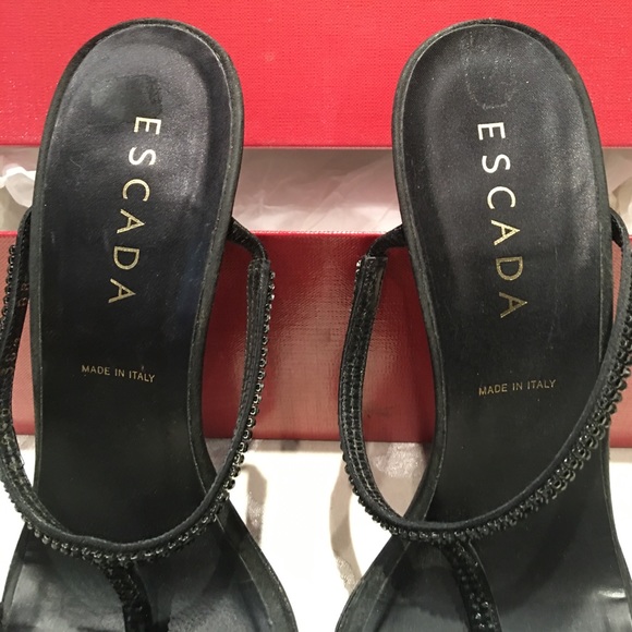 Escada | Shoes | Escada Black Strap Swarovski Crystal Satin Heels ...