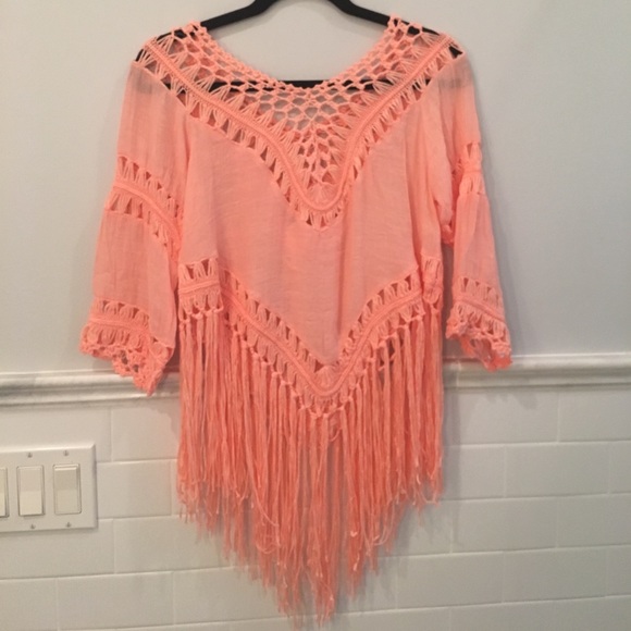 Tops | Salmon Pink Woven Blouse W Fringe | Poshmark