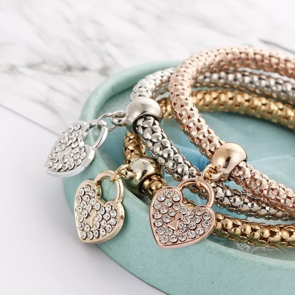 Windsor | Jewelry | 3 Bracelet Set Rose Gold Heart Crystal Charm | Poshmark