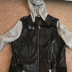 Full Tilt | Jackets & Coats | Leather Jacket With Hoodie Sleeves | Poshmark