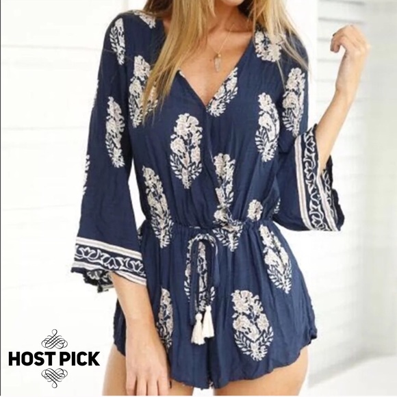 Pants & Jumpsuits | Blue White Feather Pattern Boho Summer Romper ...