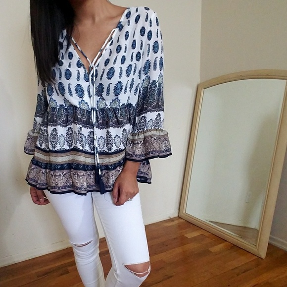 Tops | Boho Me Ivory Navy Bell Sleeve Top | Poshmark