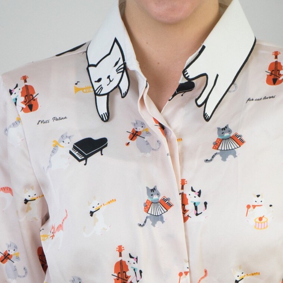 Tops | Cat Collar Print Button Up Blouse | Poshmark