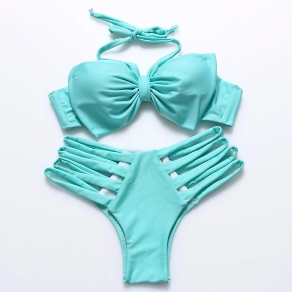 Small Blue Bow Swimsuit Swim Bikini Cut Out New S - Gem