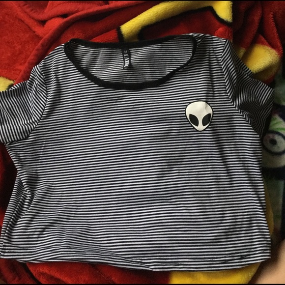 Tops | Brand New Black And White Striped Alien Crop Top | Poshmark
