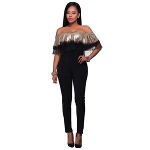 Pants & Jumpsuits | Black Gold Sequin Off The Shoulder Jumpsuit | Poshmark