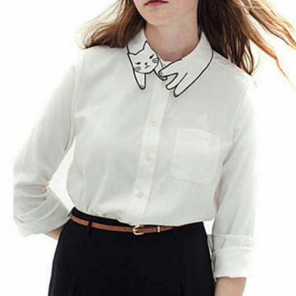 Tops | Cute Cat Pattern Collar Button Down Blouse Shirt | Poshmark