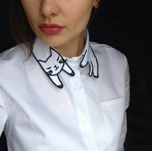 Tops | Cute Cat Pattern Collar Button Down Blouse Shirt | Poshmark