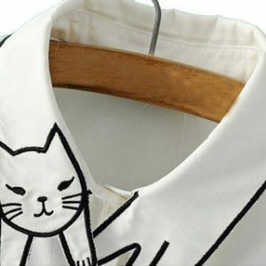 Tops | Cute Cat Pattern Collar Button Down Blouse Shirt | Poshmark