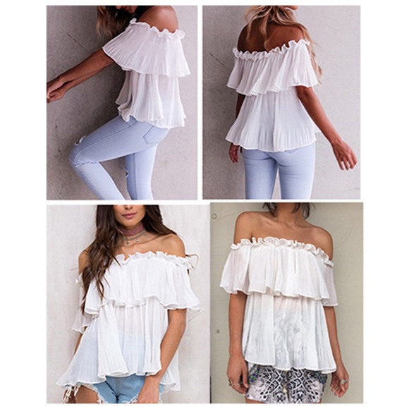 ME-Boutiques | Tops | Off White Sheer Ruffle Off The Shoulder Top Da8 ...