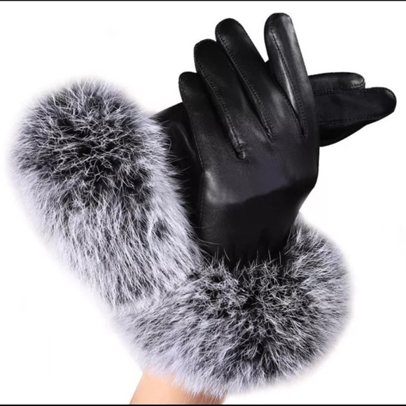 Accessories | Nwt Leather Touchscreen Rabbit Fur Gloves | Poshmark